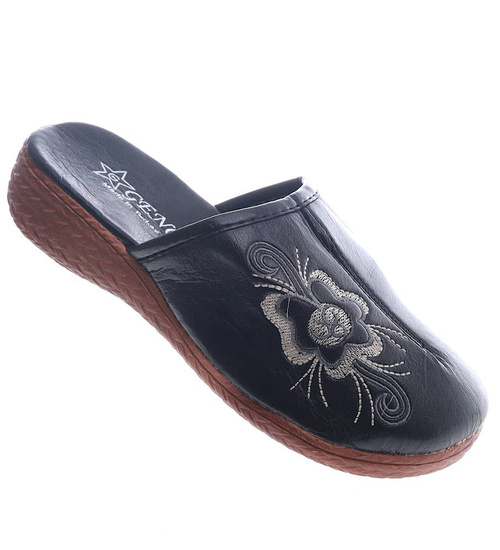 Czarne klapki damskie z haftem /G13-1 13292 T182/ Sklep z obuwiem ...